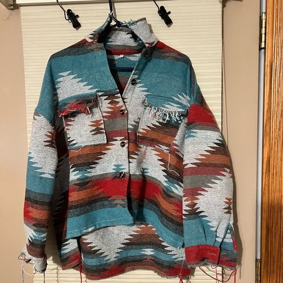 Jackets & Coats | Distressed Flannel Aztec Jacket Coat Shacket Button ...